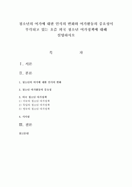 청소년의 여가에 대한 인식의 변화와 여가활동의 중요성이 부각되고 있는 요즘 외국 청소년 여가정책에 대해 설명 : 청소년 여가-1페이지