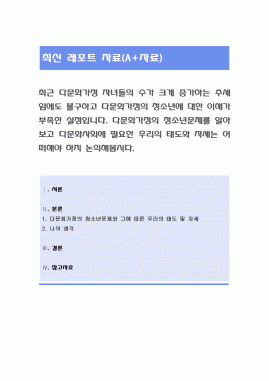 최근 다문화가정 자녀들의 수가 크게 증가하는 추세임에도 불구하고 다문화가정의 청소년에 대한 이해가 부족한 실정입니다. 다문화가정의 청소년문제를 알아보고 다문화사회에 필요한 우리의-1페이지