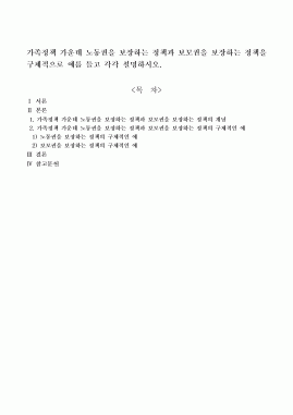 가족정책 가운데 노동권(勞動權)을 보장하는 정책과 보모권(保姆權)을 보장하는 정책을 구체적으로 예를 들고 각각 설명하시오.-1페이지