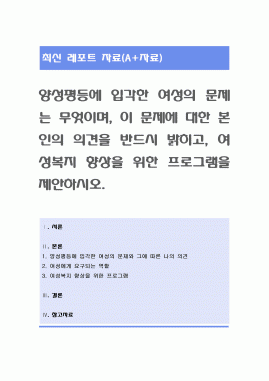 양성평등에 입각한 여성의 문제는 무엇이며, 이 문제에 대한 본인의 의견을 반드시 밝히고, 여성복지 향상을 위한 프로그램을 제안하시오.-1페이지