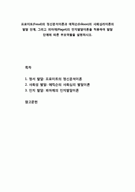 [부모교육] 프로이트(Freud)의 정신분석이론과 에릭슨(Erikson)의 사회심리이론의 발달 단계, 그리고 피아제(Piaget)의 인지발달이론을 적용하여 발달 단계에 따른 부모역할을 설명하시오,정서 발달: 프로이트의 정-1페이지