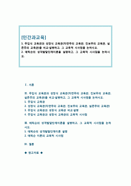 [인간과교육]공통형 1) 주입식 교육관과 성장식 교육관(자연주의 교육관, 진보주의 교육관, 실존주의 교육관)을 비교, 교육적 시사점 2) 에릭슨의 성격발달단계이론을 설명, 에릭슨 이론의 교육적 시사점-1페이지