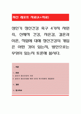 성인기 정신건강 욕구 4가지 차원 즉, 신체적 건강, 자존감, 결혼과 이혼, 직업에 대해 정신건강의 개입은 어떤 것이 있는지, 방안으로는 무엇이 있는지 토론해 봅시다.-1페이지