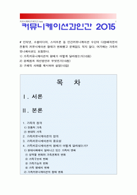 [2015 커뮤니케이션과인간] 1) 가족커뮤니케이션의 형태가 어떻게 달라졌는가 2) 가족커뮤니케이션 문제점과 개선방안은 무엇인가 3) 가족커뮤니케이션 구체적 사례를 제시하여 설명 [가족커뮤니케이션]-1페이지