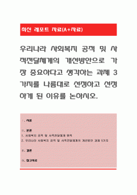 우리나라 사회복지 공적 및 사적전달체계의 개선방안으로 가장 중요하다고 생각하는 과제 3가지를 나름대로 선정하고 선정하게 된 이유를 논하시오.-1페이지