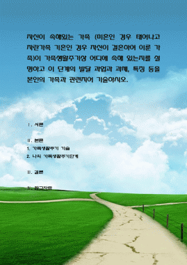 자신이 속해있는 가족 (미혼인 경우 태어나고 자란가족 기혼인 경우 자신이 결혼하여 이룬 가족)이 가족생활주기상 어디에 속해 있는지를 설명하고 이 단계의 발달 과업과 과제, 특징 등-1페이지