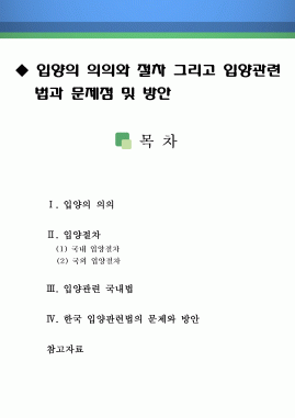 <입양入養의 의의와 절차 그리고 입양관련법과 문제점 및 방안> 입양의 의의,입양의 절차,국내 입양절차,국외 입양절차,입양관련 국내법,한국입양관련법의 문제와 방안,개선방향,아동입양-1페이지