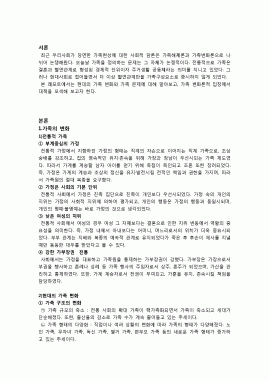 최근 우리나라에서 사회적으로 해결해야 할 과제로 가족구조 및 가족관련 가치관의 변화이다. 예를 들어 결혼률 저하, 이혼율 증가, 독신가구, 한부모가족 등 다양한 가족형태의 등장, 출산률 하락 등이다. 이와 같-1페이지