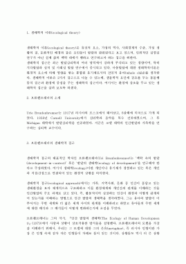 브론펜 브루너의 생태학적이론에 대해 5가지 체계를 순서대로 설명하여보고, 생태학적이론-1페이지