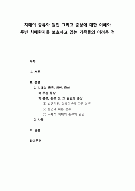 [정신건강론] 치매의 종류와 원인 그리고 증상에 대한 이해와 주변 치매환자를 보호하고 있는 가족들의 어려움 점,치매의 종류, 원인, 증상
-1페이지