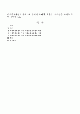 사회복지행정의 주요가치 중에서 효과성, 효율성, 접근성을 사례를 들어 설명하시오.-1페이지