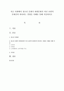 지금 사회에서 청소년 문화가 하위문화가 아닌 보편적 문화중의 하나라는 설명을 사례를 통해 서술 - 청소년문화-1페이지