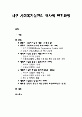 [사회복지] [사회복지실천론] 서구 사회복지실천의 역사적 변천과정 - 전문적 사회복지실천 이전시기와 출현, 사회복지실천 전문직 확립과 분화, 사회복지실천 통합과 발전, 새로운 관점의 등장과 개입전략의 확장-1페이지