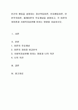 인간의 행동을 설명하는 정신역동이론, 인지행동이론, 인본주의이론, 체계이론의 주요개념을 설명하고, 각 이론의 차이점과 사회복지실천에 미치는 영향을 서술-1페이지