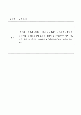 본인의 가족이나, 본인의 가족이 아니더라도 본인이 분석하고 싶은 가족을 선정(소설이나 연속극, 영화에 등장하는)하여 가족사정, 개입, 종결 등 지식을 적용하여 예비사회복지사로서 가-1페이지