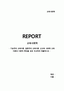  교육사회학 - 기능주의 교육이론, 갈등주의 교육이론, 신교육 사회학 교육이론의 이론적 특징을 표로 비교하여 제출하시오-1페이지