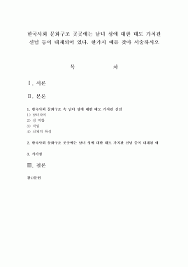 한국사회 문화구조 곳곳에는 남녀 성에 대한 태도 가치관 신념 등이 내재되어 있다. 한가지 예를 찾아 서술 - 성 가치관-1페이지