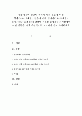 영유아기의 발달의 원리에 따른 걸음마 이전 영아기(0~12개월),  걸음마 이후 영아기(13~24개월),  유아기(25~60개월)의 발달에 적절한 놀이감을 제작한다면 어떤 점들을 가장 [놀이감]-1페이지