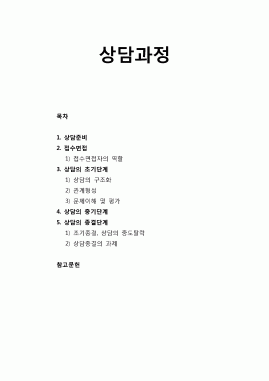 [청소년상담] 상담과정의 이해 - 상담준비, 접수면접(접수면접자의 역할), 상담의 초기단계, 상담의 중기단계(상담의 구조화, 관계형성, 문제이해 및 평가), 상담의 종결단계(조기종결, 상담의 중도탈락, 상담종결의-1페이지