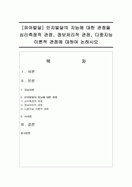 [유아발달] 인지발달의 지능에 대한 관점을 심리측정적 관점,  정보처리적 관점,  다중지능 이론적 관점에 대하여 논하시오 [인지발달]-1페이지