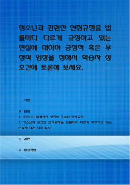 청소년과 관련한 연령규정을 법률마다 다르게 규정하고 있는 현실에 대하여 긍정적 혹은 부정적 입장을 정해서 학습자 상호간에 토론해 보세요-1페이지