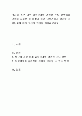 박근혜 정부 이후 남북관계와 관련한 주요 현안들을 간략히 살펴본 후 어떻게 하면 남북관계가 발전할 수 있는지에 대해 자신의 의견을 개진해보시오-1페이지