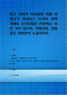 최근 사회적 이슈화에 의해 아젠다가 형성되고 이것이 정책 의제로 논의되었던 사안에는 어떤 것이 있으며, 진행과정, 현황 등은 어떠한지 논술-1페이지