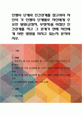 인생의 단계와 인간관계를 참고하여 자신의 각 인생의 단계별로 자신에게 주요한 영향(긍정적, 부정적)을 미쳤던 인간관계를 적고 그 관계가 현재 자신에게 어떤 영향을 미치고 있는지 분-1페이지