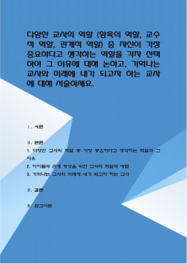 다양한 교사의 역할 (양육의 역할, 교수적 역할, 관계적 역할) 중 자신이 가장 중요하다고 생각하는 역할을 각자 선택하여 그 이유에 대해 논하고, 기억나는 교사와 미래에 내가 되고-1페이지