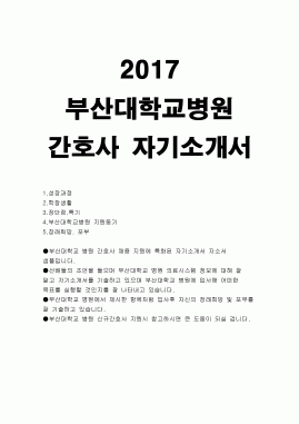 부산대학교병원자기소개서(부산대학교병원 자소서 부산대병원간호사 자기소개서)부산대병원 신규간호사 합격자소서,부산대학교병원 지원동기,부산대병원 장래희망 포부,부산대학교병원 본원,양산병원 간호사 자소서[-1페이지