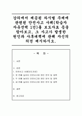 강의에서 제공된 차시별 주제에 관련된 안전사고 사례(학습자 자유선택 1건)를 보도자료 등을 찾아보고, 그 사고가 발생한 원인과 사후대책에 관해 자신의 의견 제시-1페이지