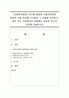 [사회복지법제] 최근에 발생한 사회복지법과 관련한 사례 하나를 조사하여 그 내용을 요약하고,  법적 또는 사회복지적 관점에서 검토한 자신의 의견을 논술하시오 [사례]-1페이지