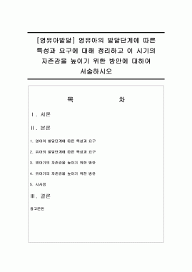 [영유아발달] 영유아의 발달단계에 따른 특성과 요구에 대해 정리하고 이 시기의 자존감을 높이기 위한 방안에 대하여 서술하시오 - 자존감-1페이지