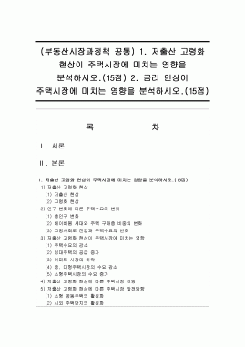 (부동산시장과정책 공통) 1. 저출산 고령화 현상이 주택시장에 미치는 영향을 분석하시오.(15점) 2. 금리 인상이 주택시장에 미치는 영향을 분석하시오.(15점) [주택시장]-1페이지