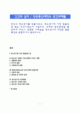 인간과심리-당신의 청소년기를 되돌아보고, 청소년기에 가장 힘들었던 점은 무엇이었는지 기술하고, 교재와 참고문헌을 활용하여 자신이 경험한 어려움을 청소년기의 다양한 발달 특징과 관련지어서 분석-1페이지