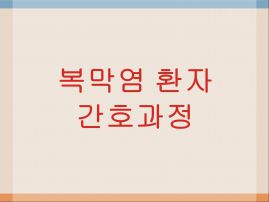 복막염환자의 케이스에 대한 소개 및 병태생리(정의,증상,원인, 검사 및 치료등), 간호진단에 대한 발표 PPT-1페이지