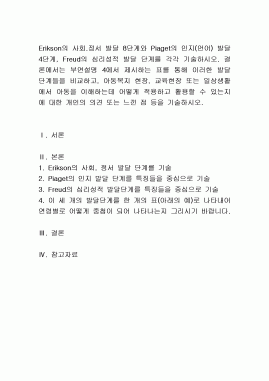 Erikson의 사회.정서 발달 8단계와 Piaget의 인지(언어) 발달 4단계, Freud의 심리성적 발달 단계를 각각 기술하시오. 결론에서는 부연설명 4에서 제시하는 표를 통해 이러한 발달 단계들을 비교하고, 아동복지 현장-1페이지