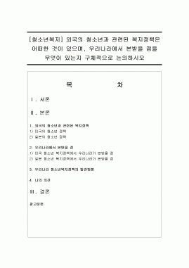 [청소년복지] 외국의 청소년과 관련된 복지정책은 어떠한 것이 있으며,  우리나라에서 본받을 점을 무엇이 있는지 구체적으로 논의하시오 (청소년복지)-1페이지