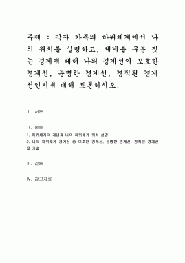 각자 가족의 하위체계에서 나의 위치를 설명하고, 체계를 구분 짓는 경계에 대해 나의 경계선이 모호한 경계선, 분명한 경계선, 경직된 경계선인지에 대해 토론하시오-1페이지