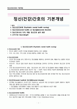 정신(건강)간호의 기본개념 1 정신건강간호학 (Psychiatric mental health nursing) 2. 정신건강(mental health) 과 정신질환(mental disorder) 3. 정신간호사의 자격, 역할, 정신간호 실무 표준4. 근거기반 정신간-1페이지