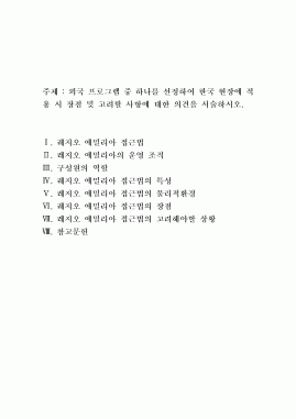 외국 프로그램 중 하나를 선정하여 한국 현장에 적용 시 장점 및 고려할 사항에 대한 의견을 서술하시오-1페이지