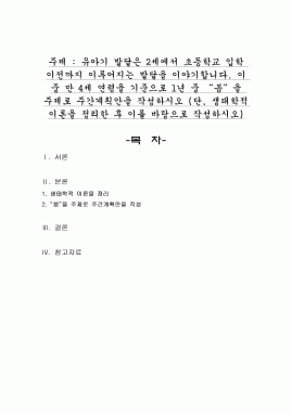 유아기 발달은 2세에서 초등학교 입학 이전까지 이루어지는 발달을 이야기합니다. 이 중 만 4세 연령을 기준으로 1년 중 “봄”을 주제로 주간계획안을 작성하시오 (단, 생태학적 이론을 정리한 후 이를 바탕으로 작-1페이지