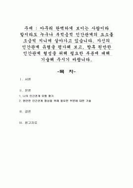 아무리 완벽하게 보이는 사람이라 할지라도 누구나 부적응적 인간관계의 요소를 조금씩 지니며 살아가고 있습니다. 자신의 인간관계 유형을 평가해 보고, 향후 원만한 인간관계 형성을 위해 필요한 부분에 대해 기술-1페이지