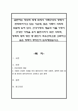 급변하는 정보화 세계 속에서 가족구성의 형태가 변화되어가고 있는 가운데, 많은 가족이 사회적 위험에 놓여 있다. 건강가정의 개념과 이들 가정이 건강한 가정을 유지 발전시키기 위한 사회적, 정책적 대처 방안 -1페이지