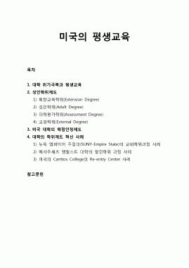 [평생교육] 미국의 평생교육 - 대학 위기극복과 평생교육, 성인학위제도, 미국 대학의 학점인정제도, 대학의 학위제도 혁신 사례-1페이지