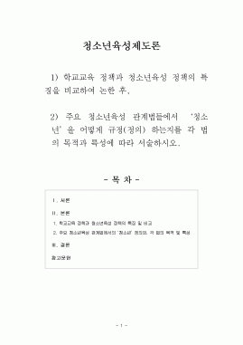 [청소년육성제도론]1) 학교교육 정책과 청소년육성 정책의 특징을 비교하여 논한 후, 2) 주요 청소년육성 관계법들에서 ‘청소년’을 어떻게 규정(정의) 하는지를 각 법의 목적과 특성-1페이지