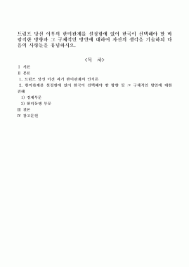 트럼프 당선 이후의 한미관계를 설정함에 있어 한국이 선택해야 할 바람직한 방향과 그 구체적인 방안에 대하여 자신의 생각을 기술하되 다음의 사항들을 유념하시오.-1페이지