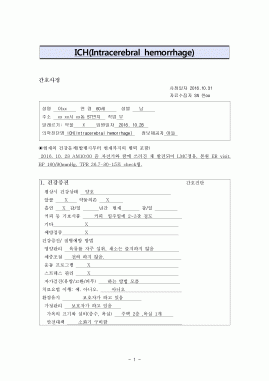 ICH(Intracerebral hemorrhage) 케이스 스터디, ICH 간호과정, ICH 케이스, ICH 케이스 스터디, ICH 사례연구, 뇌내출혈 케이스, 뇌내출혈 CASE-1페이지