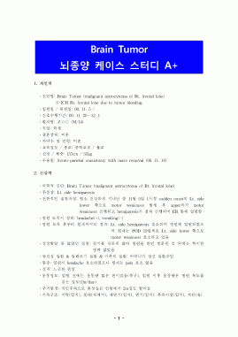 강력추천) Brain Tumor 뇌종양 케이스 스터디 A+ CASE, STUDY, 간호과정, 사례연구-1페이지