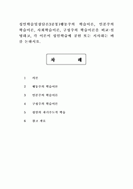 성인학습및상담론3공통)행동주의 학습이론, 인본주의 학습이론, 사회학습이론, 구성주의 학습이론을 비교·설명하고, 각 이론이 성인학습에 공헌 또는 시사하는 바를 논하시오.-1페이지